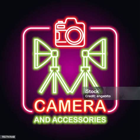 카메라 스토어용 네온 사인 효과가 있는 카메라 장비 벡터 일러스트레이션 가정용 캠코더에 대한 스톡 벡터 아트 및 기타 이미지 가정용 캠코더 검은색 네온 Istock