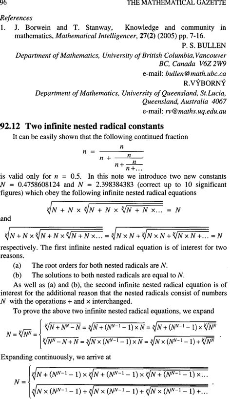 92 12 two infinite nested radical constants the mathematical gazette