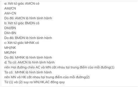 cho hình bình hành ABCD M N lần lượt là trung điểm của AD BC a chứng minh tứ giác AMCN là