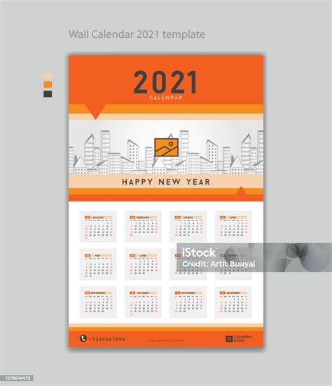 벽 달력 2021 사진 및 회사 로고를위한 장소와 디자인 템플릿 벡터 일러스트 주는 월요일에 시작됩니다 12 개월 세트 책상