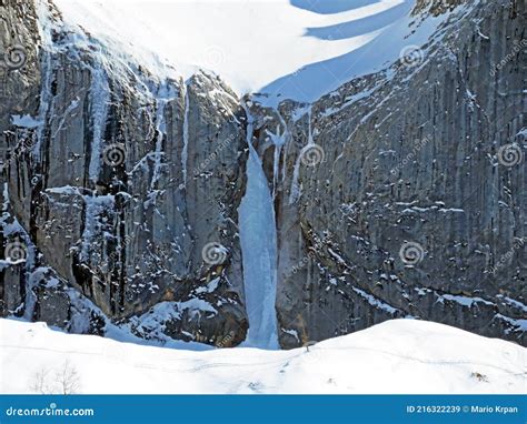 Frozen Waterfall Darfall Or Cascade Du Dar At The Foot Of The Alpine