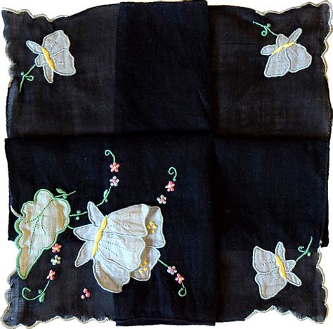 Organdy Applique Butterflies On Black Vintage Handkerchief Madeira