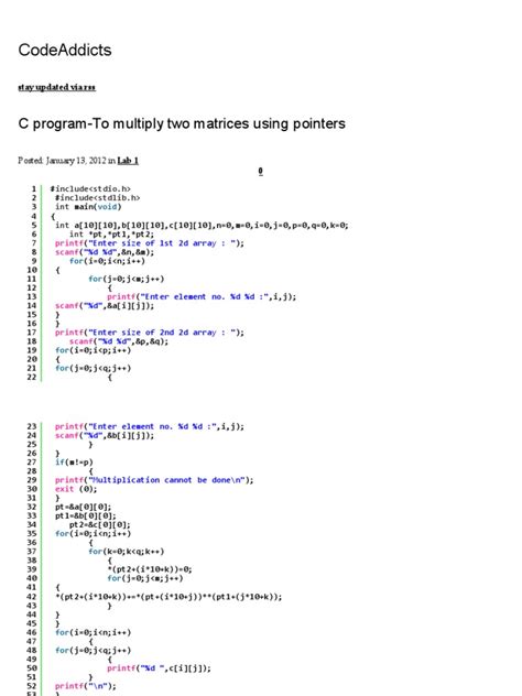 C Program To Multiply Two Matrices Using Pointers Codeaddicts Pdf