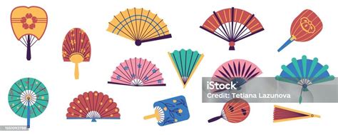 종이 손 부채 전통적인 동양 접는 팬 손 바람 부속품 편평한 작풍 다른 색깔 벡터 중국 일본 아시아 팬 세트 접기에 대한 스톡 벡터 아트 및 기타 이미지 Istock