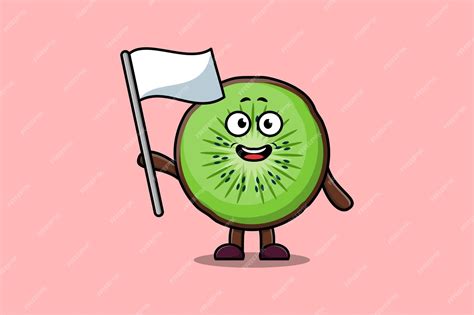 현대적인 디자인 일러스트레이션에 흰색 깃발이 있는 귀여운 만화 키위 과일 마스코트 캐릭터 프리미엄 벡터