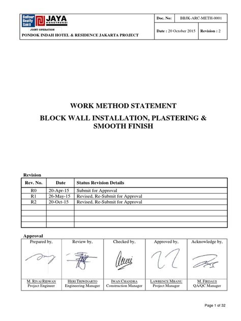 Work Method Statement Block Wall Installation Plastering And Smooth