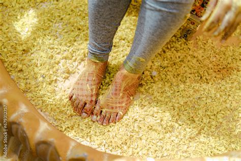 Pakistani Indian Bridal Showing Her Feet Henna Art And Nail Color Stock