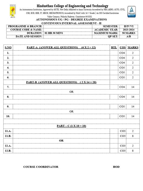Cia Ii Template For I Year Ii Year And Iii Year Pdf Engineering Higher Education