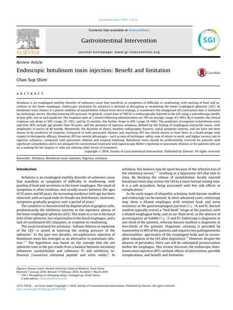 Pdf Endoscopic Botulinum Toxin Injection Benefit And Limitation