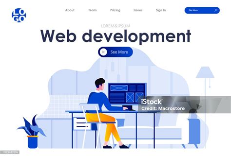 Halaman Arahan Datar Pengembangan Web Pengembang Frontend Bekerja Di Tempat Kerja Dengan Header
