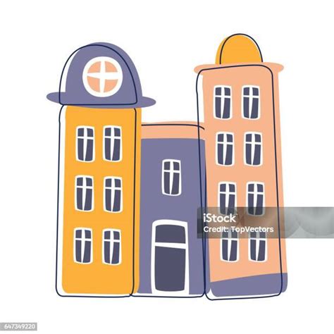 블루와 핑크 색상 귀여운 요정 이야기 도시 경관 요소에에서 키 큰 콘도미니엄 건물 설명 만화 일러스트 레이 션 0명에 대한 스톡