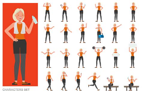 스포츠 여성 캐릭터 벡터 디자인세트 감정 달리기 서서 걷기와 함께 다양한 액션으로 프리젠 테이션 여자에 대한 스톡 벡터 아트 및