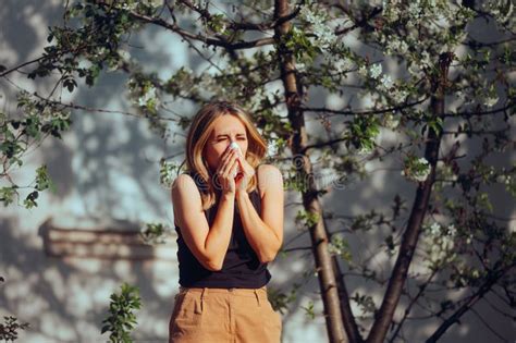 Allergic Woman Suffering During Springtime Due To Tree Pollen Stock Photo Image Of Girl