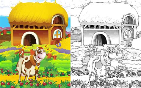 흰색 바탕에 농장에서 즐거운 시간을 보내는 소가 있는 만화 장면 아이들을 위한 그림 가축에 대한 스톡 벡터 아트 및 기타 이미지 가축 귀여운 놀이 Istock