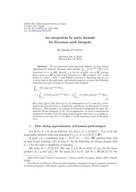 Pdf An Integration By Parts Formula For Feynman Path Integrals