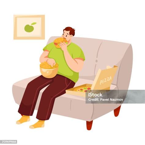 Karakter Pria Gendut Dengan Tubuh Penuh Dan Obesitas Duduk Di Sofa
