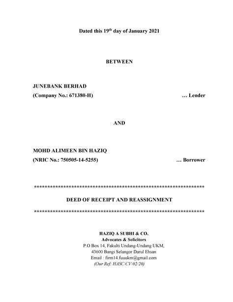 Deed Of Receipt And Reassignment