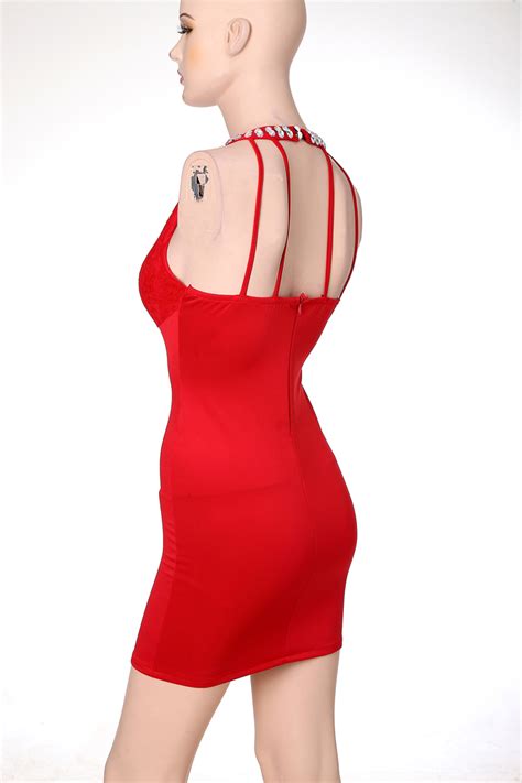 Hot Sexy Red Jewels Neck Club Party Bodycon Mini Dress N11171