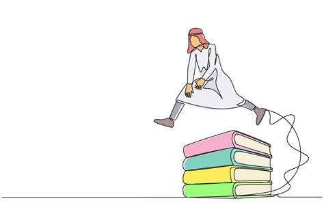 Continuous One Line Drawing Arabian Businessman Jumping Over Pile Of