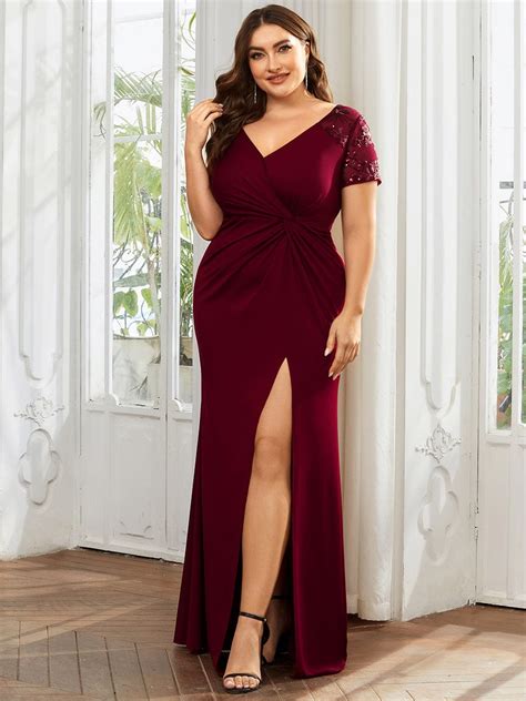 Plus Size Short Sequin Sleeve Deep V Neck Mother Of The Bride Dress