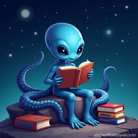 Cartoon Blue Alien With Tentacles Reading A Book In Outer Space With