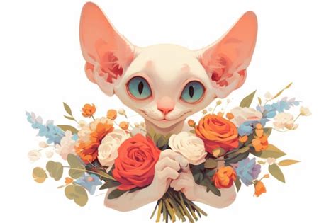 Premium Psd Cornish Rex Cute Cartoon Character With Bouquet Single
