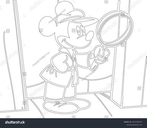 Simple Outline Drawing Mickey Mouse Exploring With A Magnifying Glass