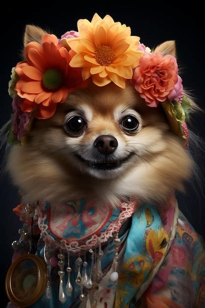 Premium Ai Image Portrait Of Pomeranian Dog Adorned With A Vibrant