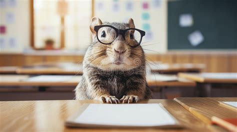 Adorable Squirrel With Horn Rimmed Glasses In Classroom Curiously Looking At Camera On Table