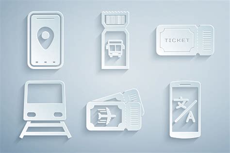 Vetores De Definir Bilhete Aéreo Ticket Trem Tradutor Online Ônibus E