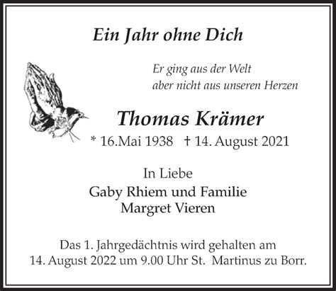Traueranzeigen Von Thomas Krämer Wirtrauern