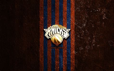 Télécharger Logo Doré Des New York Knicks 4k Fond De Pierre Bleue