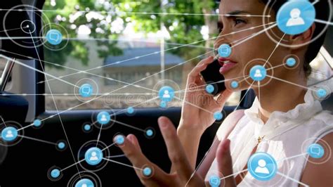 Animation Of Profile Icons Connecting With Lines Over Caucasian Woman Talking On Cellphone In
