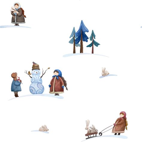 Premium Vector Watercolor Winter Pattern With Girls And Boy Snowman