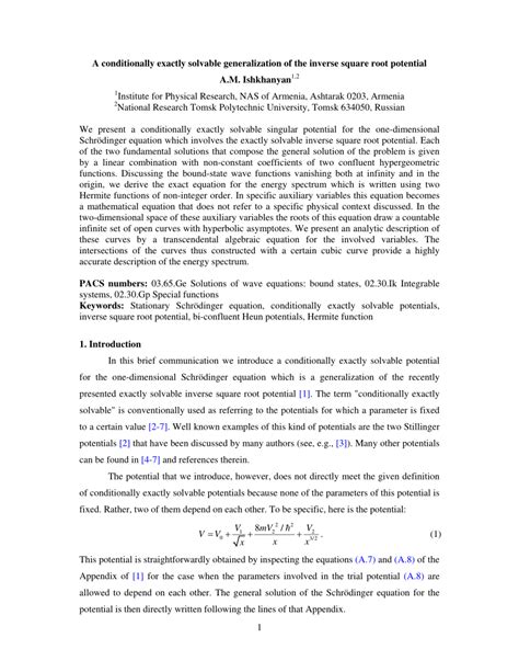 Pdf A Conditionally Exactly Solvable Generalization Of The Inverse Square Root Potential