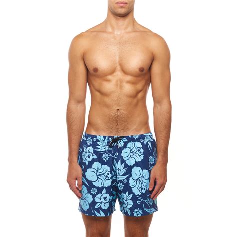 Mens Orange And Blue Daisy Wave Printed Swim Shorts Yuasa Yuasa Menswear