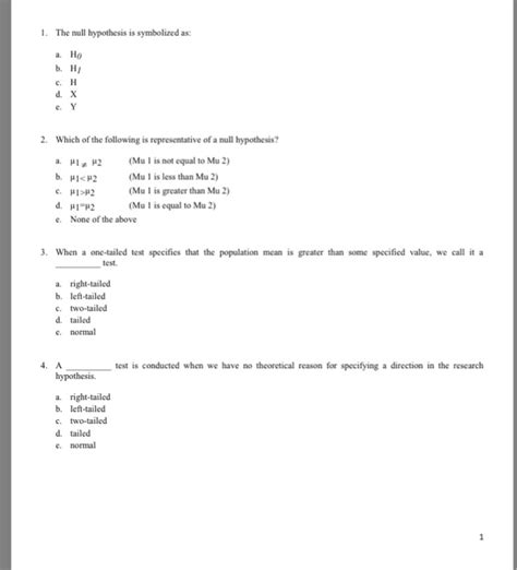 Solved 1 The Null Hypothesis Is Symbolized As A E 2 Chegg