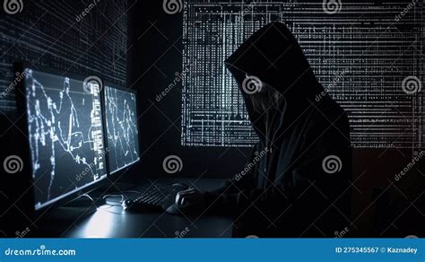 Computer Hacker In Hoodie With Matrix Code Instead His Face On Blue