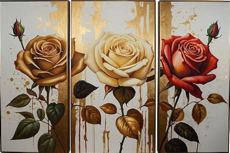 Premium Photo Oil Painting With Flower Rose Gold Leaves Botanic Print