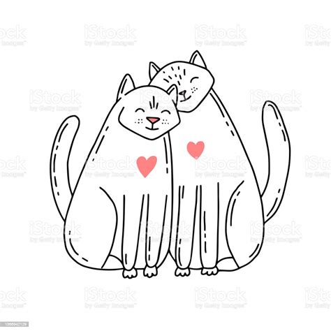 사랑에 두 귀여운 고양이 흰색 배경에 고립 된 손으로 그린 낙서 스타일의 고양이 가공의 인물에 대한 스톡 벡터 아트 및 기타