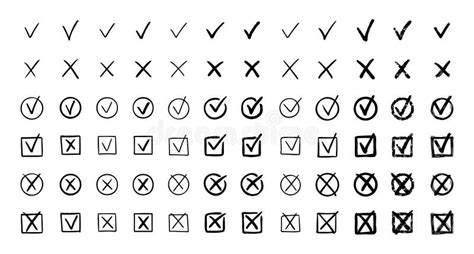 Check Marks Hand Drawn Doodle Set Tick Cross Signs For Checkbox Checklist V And X In Sketch