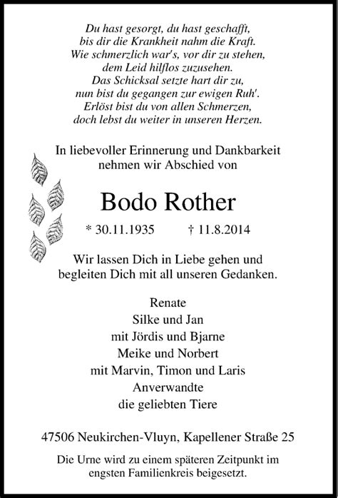 Traueranzeigen Von Bodo Rother Trauer In NRW De