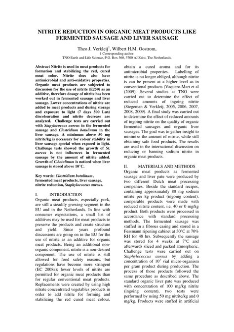 Pdf Nitrite Reduction In Organic Meat Products
