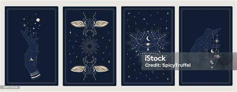 점성술 포스터 신비한 신성한 상징 행성과 별이 있는 우주 카드 장식 상징적 인 곤충과 인간의 손 신비한 눈 표지판 진한 파란색 윤곽 스케치 벡터 세트 곤충에 대한 스톡 벡터