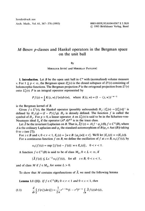 Pdf M Besov P Classes And Hankel Operators In The Bergman Space On The Unit Ball