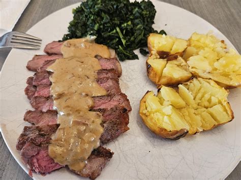 Ribeye Blue Cheese Cream Sauce Taters And Spinach Rsteakporn