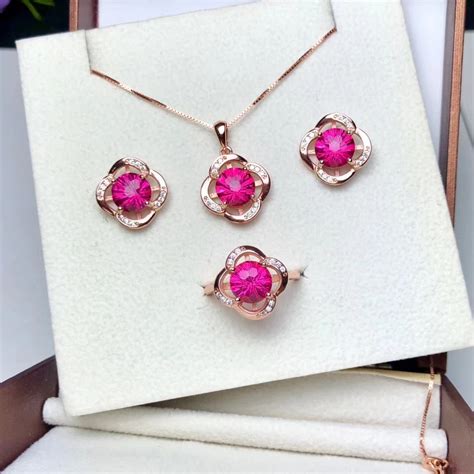 Natural Pink Garnet Gem Jewelry Sets Natural Gemstone Pendant Ring