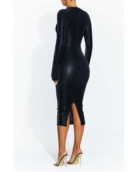 Naked Wardrobe Liquid Faux Suede Long Sleeve Midi Dress In Black Lyst