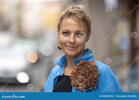 Adult Stylish Smiling Woman With Short Blonde Hair Stock Image Image