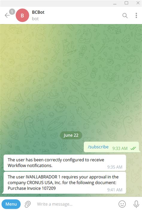 how to send workflows notifications to telegram in business central